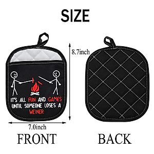 BDPWSS Camping Pot Holders Happy Camper Oven Mitts Camping Lover Gift RV Owner Adventure Gift for Hiker Traveler Adventurist (Fun Game Weiner PH)