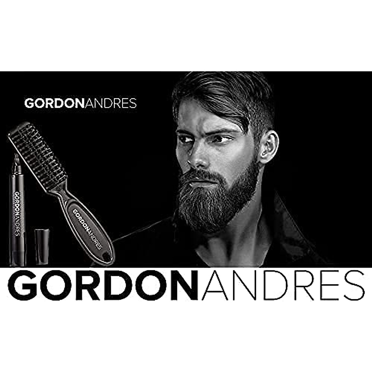 Gordon Andres Water Proof Beard Pencil for Men, Long Lasting Coverage & Natural Finish - Beard, Moustache & Eyebrows - Micro-Fork Tip for Seamless Application - Includes Brush for Blending (Black)