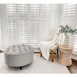 30 Inch Grey Linen, Round Tufted Coffee Table Ottoman