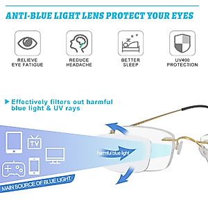 OCCI CHIARI Gold Blue Light Reading Glasses for Men Titanium Frameless Readers 2.0X Lightweight(1.0 1.25 1.5 1.75 2.0 2.25 2.5 2.75 3.0 3.5 4.0 5.0 6.0)