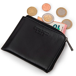 BERLINER BAGS Premium Mini Wallet Mark Flat Purse with Zipper Genuine Leather Small Case Ladies Men Thin Slim (Brown)