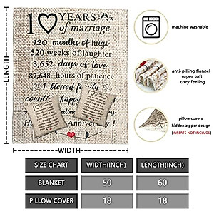 PERRIFIC 10th Wedding Anniversary Blanket Gift for Couple Wife Husband Her Him 10 Year Marriage,Valentines Day Gifts for Wife Romantic Throw Blankets with 2 Pillow Covers