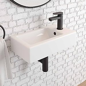 AMASHEN 18" Wall Mount Bathroom Sink, Floating Vanity Unit Sink, Small Rectangular Ceramic Cloakroom Wash Basin, White, Right Hand