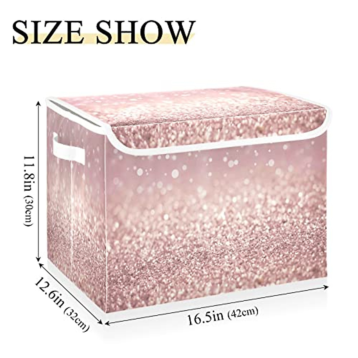KEEPREAL Rose Gold Glitter Texture Storage Basket Bin with lid, Large Cube Storage Box Collapsible Storage Organizer for Home Office Closet - 16.5 L x 12.6 W x 11.8 H