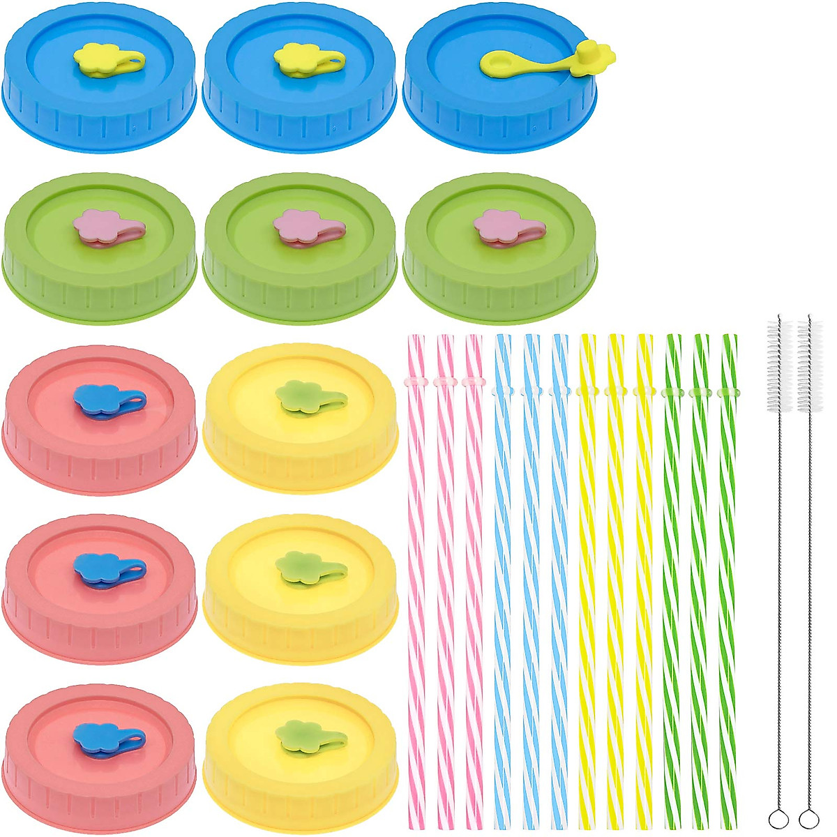 Regular Mouth Mason Jar Lids with Straw Hole/ Stoppers/Silicone Rings/Cleaning Brush, Rust-proof, BPA Free Plastic Canning Lids, Great for Drinking & Food Storage(26 Pack)