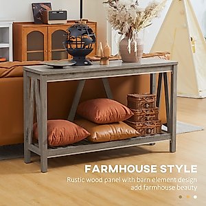 HOMCOM Console Table, Farmhouse Entryway Table with Storage Slatted Shelf, Rustic Sofa Table with Anti-Tipper for Living Room, Hallway, Gray