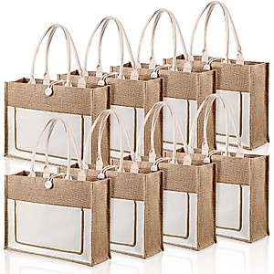 8 Pcs Burlap Tote Bags Bulk Jute Tote Bags with Handles Beach Bag Canvas Front Pocket Large Burlap Bags Set Reusable Grocery Bags Bridesmaid Tote Bags for Women Wedding Picnic Travel DIY Work