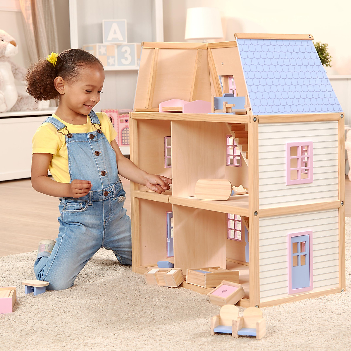 Melissa & Doug Modern Wooden Multi-Level Dollhouse With 19 pcs Furniture [White]