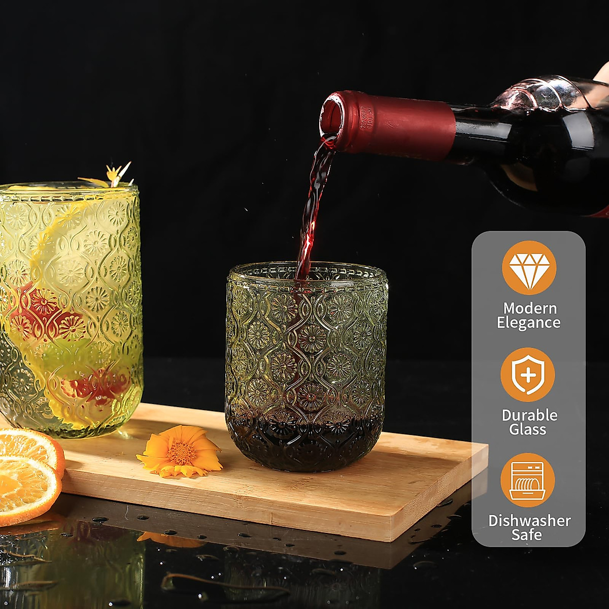 WeirdUncle Set of 8 Vintage Embossed Glassware,4 Highball Glasses 14oz & 4 Rocks Drinking Glasses 9oz, Art Deco, for Beer, Water, Cocktail, Juice, Whiskey, Gift (Green)