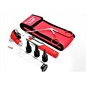 Premium Student Home Use Led Bright Light ENT Diagnostic Otoscope Pocket Size Red Plus Alligator Ear Nose Forceps Plus 1 Extra Replacement Bulb Cynamed