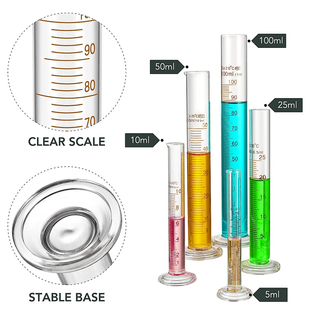 Glass Graduated Measuring Cylinders Set 5ml 10ml 25ml 100ml Thick Lab Cylinders 3 Droppers 2 1 Stirring Rod Cylinders Set