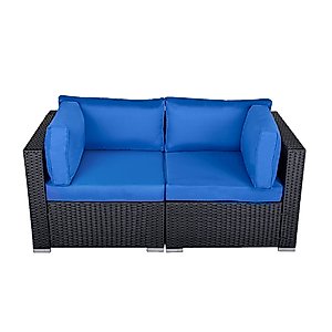 SUNVIVI OUTDOOR Patio Loveseat, 2 Piece Wicker Outdoor Sectional Couch with Removable Navy Blue Cushions, Extra Sofa Furniture