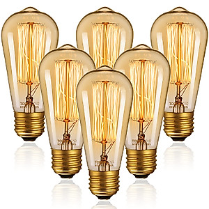 TORCHSTAR Vintage Edison Light Bulbs 60W, ST64 Edison Bulb Dimmable, Antique Squirrel Cage Bulbs, E26 Base, 2200K Amber Warm, Vintage Light Bulb for Pendant Light, No Flicker, Amber Glass, Pack of 6