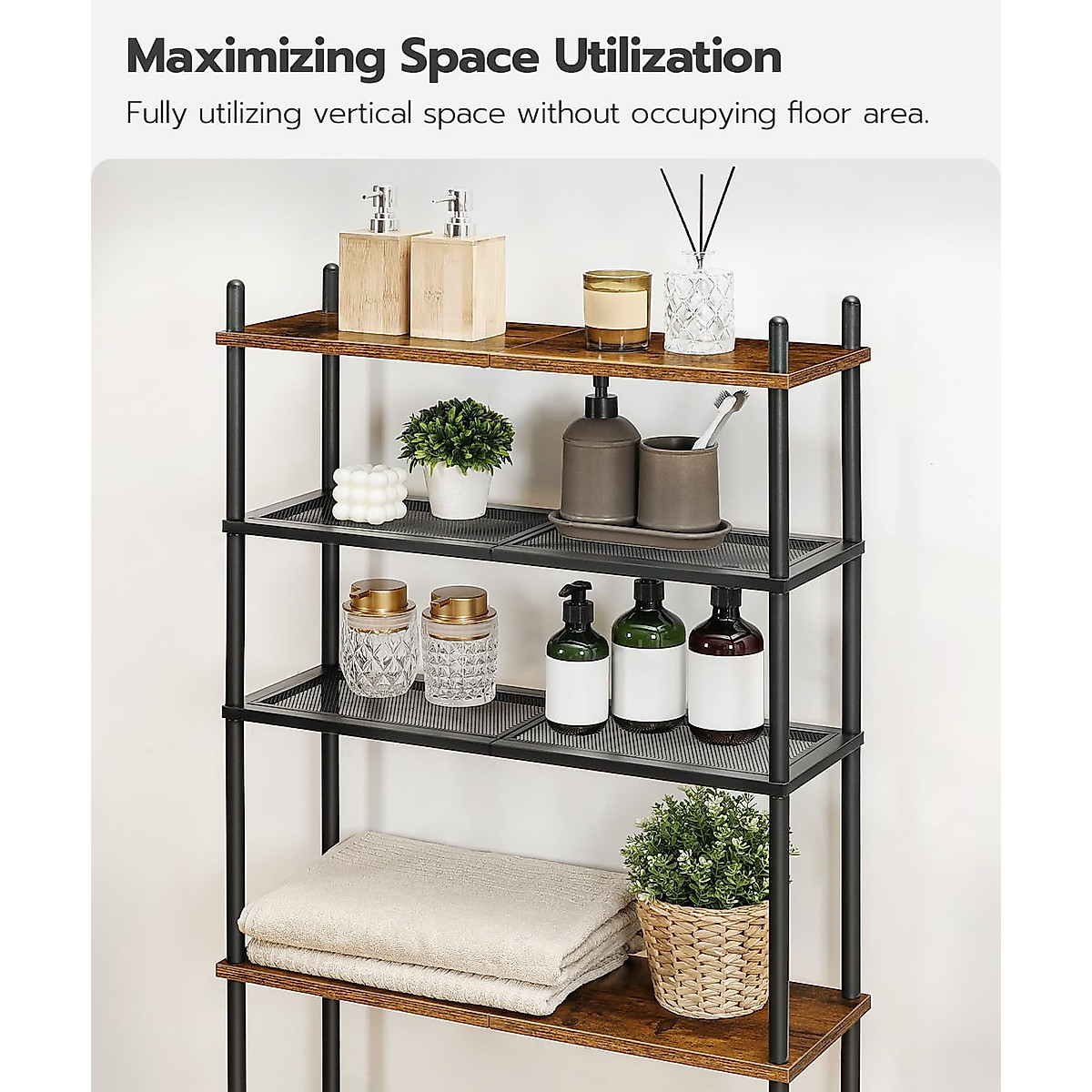 HOOBRO Over The Toilet Storage, 4-Tier Over Toilet Bathroom Organizer, Freestanding Above Toilet Shelf with Adjustable Feet, Space Saving, Easy to Assemble, Rustic Brown and Black BF64TS01