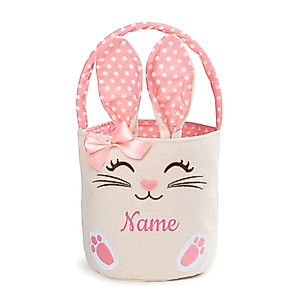 Personalized Bunny Ears Bucket Bag with Custom Name | Pink Polka Dot Liner Easter Bag with Handle | Soft Egg Basket for Kids | Customized Easter Basket | Great for Book and Toy Storage