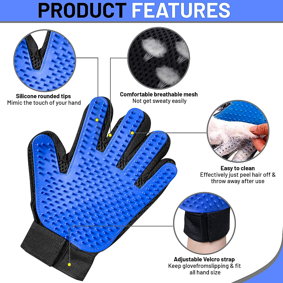 ZENELANEP Upgrade Pet Grooming Gloves, Grooming Gloves for Dogs, Cats, Rabbits & Horses with Long and Short Hair, Efficient Pets Hair Remover Mittens - 1 Pair (Blue)