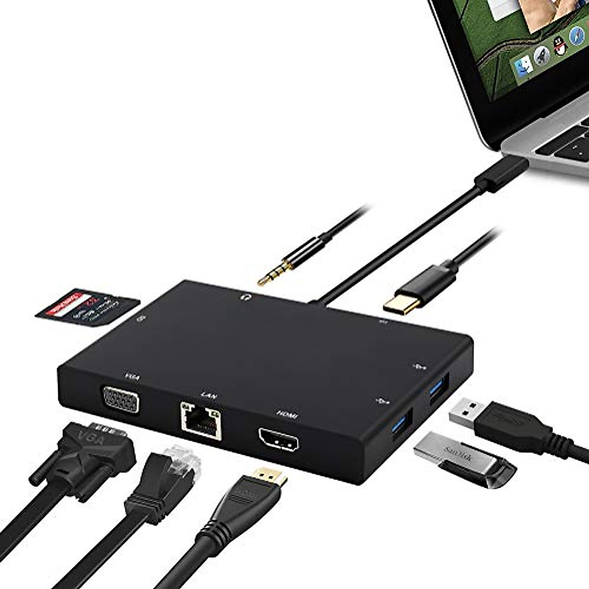 XUNMAIFHB Portable Docking Station,8-in-1 Type-C HUB Expansion Dock hub HDMI HD VGA Converter RJ45 Port, PD Charging, SD Card Slot Fast Transmission