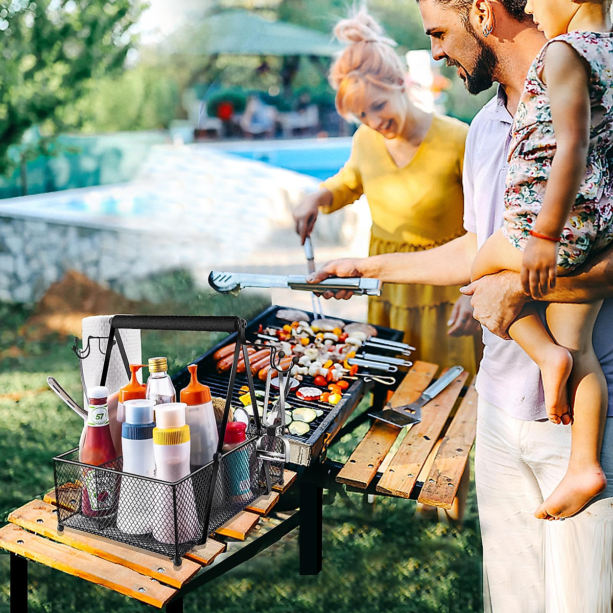 SCNVO Grill Caddy, BBQ Caddy with Paper Towel Holder, Utensil Caddy for Kitchen Organizer, Picnic Condiment Flatware Caddy for Camping Barbecue Griddle Grilling Rv Patio Camper Accessories Organizer