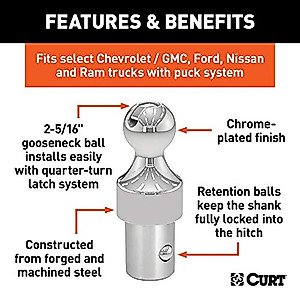 CURT 60629 30K Factory Style 2-5/16-Inch Gooseneck Ball, Fits Select Chevrolet Ford, GMC, Nissan Titan XD, Ram, Puck System Required, Chrome