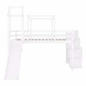 Merax Low Loft Bed Full Size with Slide and Storage Stairs, Wood Loft Bed with Tent & Tower, for Boys & Girls, Pink