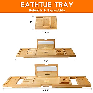 Bathtub Tray Table with Mirror and Bath Pillow, Expandable and Foldable Bamboo Bath Tray for Tub Soft and 4D Mesh Bathtub Pillow Luxury Bath Accessories Spa Gifts