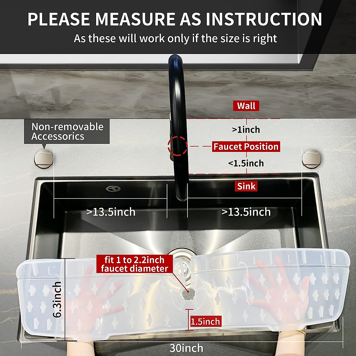 Gosmol Kitchen Faucet Sink Splash Guard Silicone Faucet Mat, XXL 30 inch Faucet Handle Drip Catcher Tray, Deflector Under The Faucet, Self Draining Slopes Design Keep Kitchen Bathroom Drying - Clear