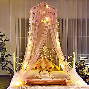 Twinkle Star Kids Netting Princess Bed Canopy 3 Layers Lace Ruffle Dome for Baby, Girls (Pink)