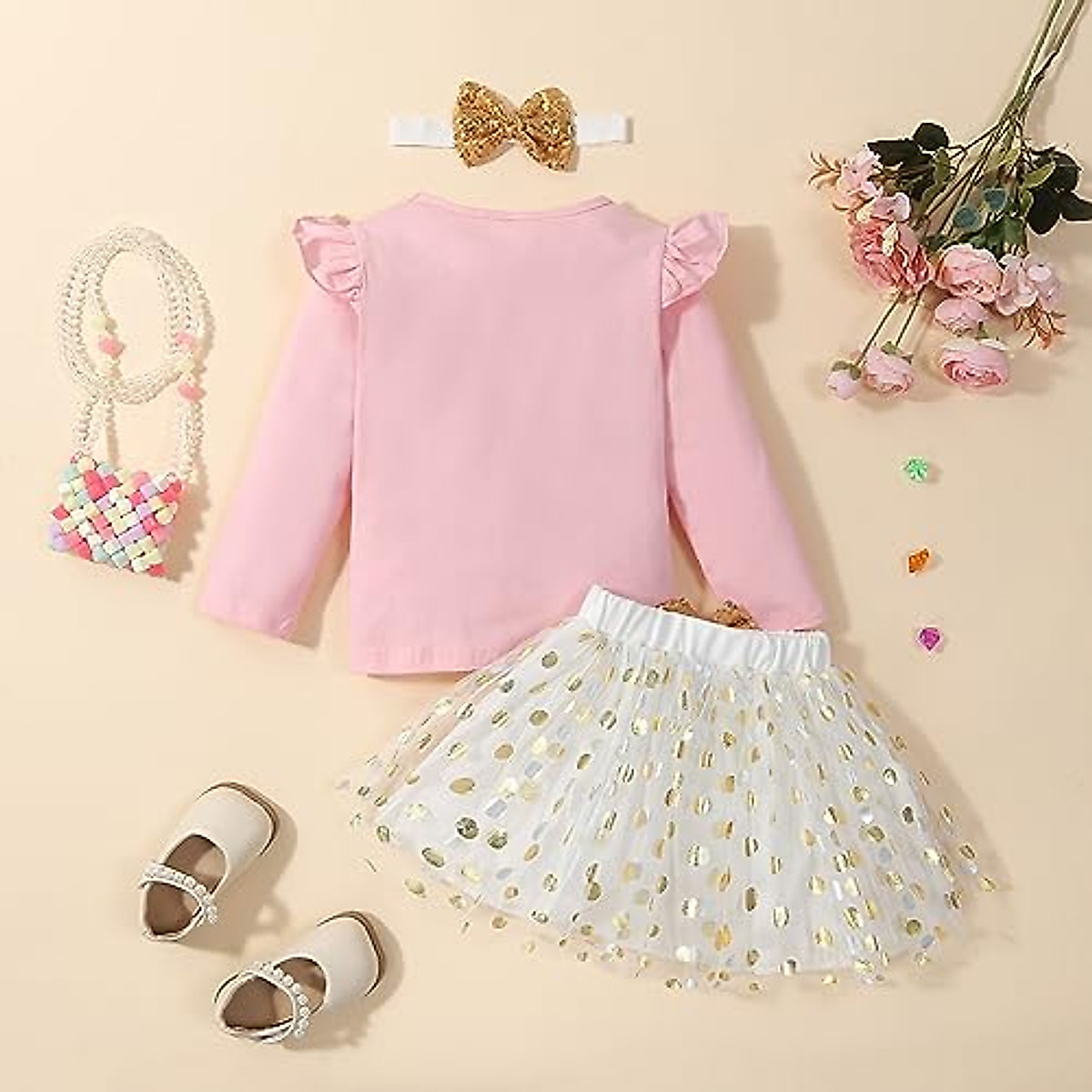 vivifayee Toddler Kids Baby Birthday Girl Outfit Ruffle Long Sleeve Birthday Princess Shirt Polka Dots Tutu Dress Cute Skirt Sets with Headband
