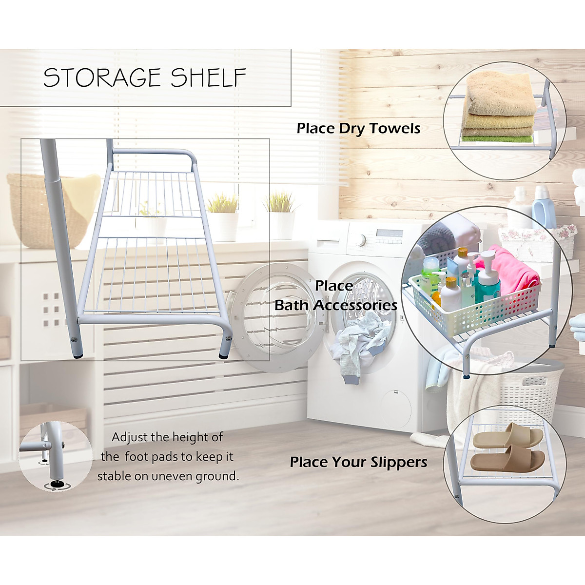 VSUINGO Freestanding Towel Rack, 32" L x 37.8" H for Oversized Bath Towels, Hand Towels Stand, Adjustable Height, 3-Tier Clothes Drying Holder with Storage Shelf for Bathroom, Aisle, Pool (White)