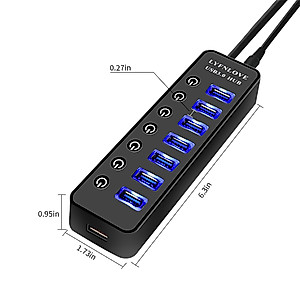 USB Hub 3.0 Powered, LYFNLOVE USB Extender Multiple USB Port USB Hub Splitter for Laptop PC with Power Adapter and 1 Charging Port, USB Expander with On/Off Switches for MacBook, iMac, Surface Pro