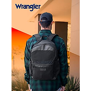 Wrangler Powell Backpack for Travel Classic Logo Water Resistant Casual Daypack for Travel with Padded Laptop Notebook Sleeve (Black)