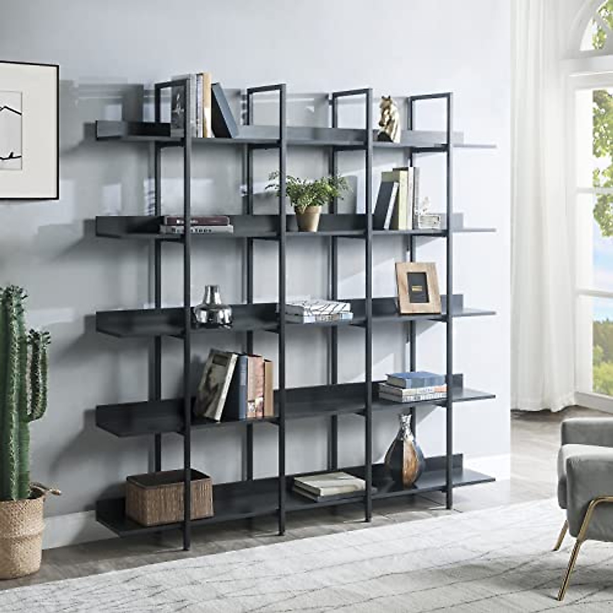 AWQM Triple Wide 5-Tier Bookshelf, Vintage Bookcases and Bookshelves with Metal Frame & Back Fence,Wall Mounted Wood Shelves Open Display Shelves for Living Room Bedroom Home Office,Black