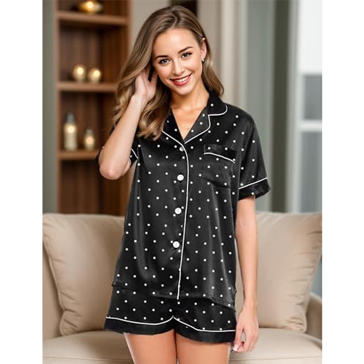 Marigulene Polka Dot Satin Pajama Set for Women Soft Pj Lounge Sets S-XXL