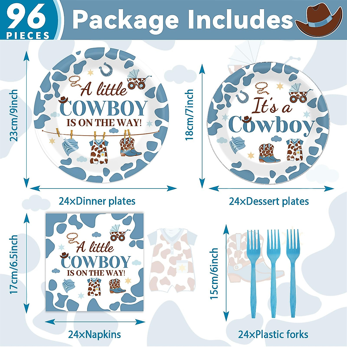 96 Pcs Western Baby Shower Plates and Napkins Party Supplies Western Cowboy Tableware Set Little Cowboy Party Decorations Favors for Cowboy Baby Shower Serves 24 Guests