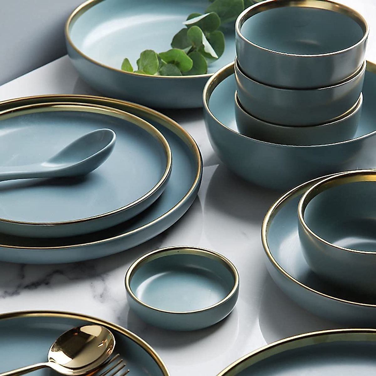 GagalU Porcelain Dinnerware Set24,32,41PCS Ceramic Dinnerware Set Nordic Dark Green Tableware Creative European Ceramic Tableware with Bowl Plate Service for 6,810