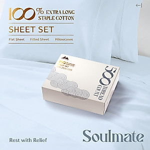 Mayfair Linen 100% Cotton Sheets for Queen Size Bed - Luxury 500 Thread Count Queen Sheet Set, 4 PC Sateen Weave Queen Light Blue Cotton Sheets, Ultra Soft, Deep Pocket Cooling Sheets Queen Size