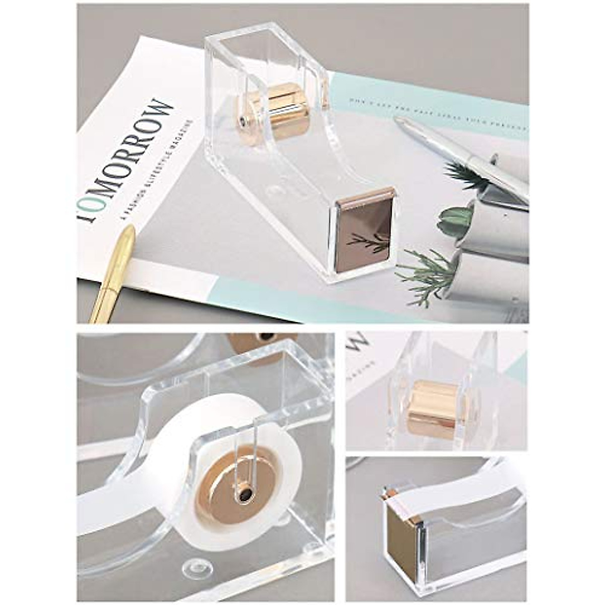 Acrylic Gold Tape Dispenser,Clear Acrylic Desk Dispenser Kit , Modern Design Office Desktop Tape Dispense