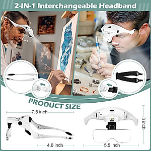 Rechargeable Headband Magnifying Glass with Storage Case, Hands Free Head Magnifier Glasses with LED Light, 1X-1.5X-2X-2.5X-3.5X Lighted Magnifying Headset for Close Work Reading Craft Jewelers Hobby