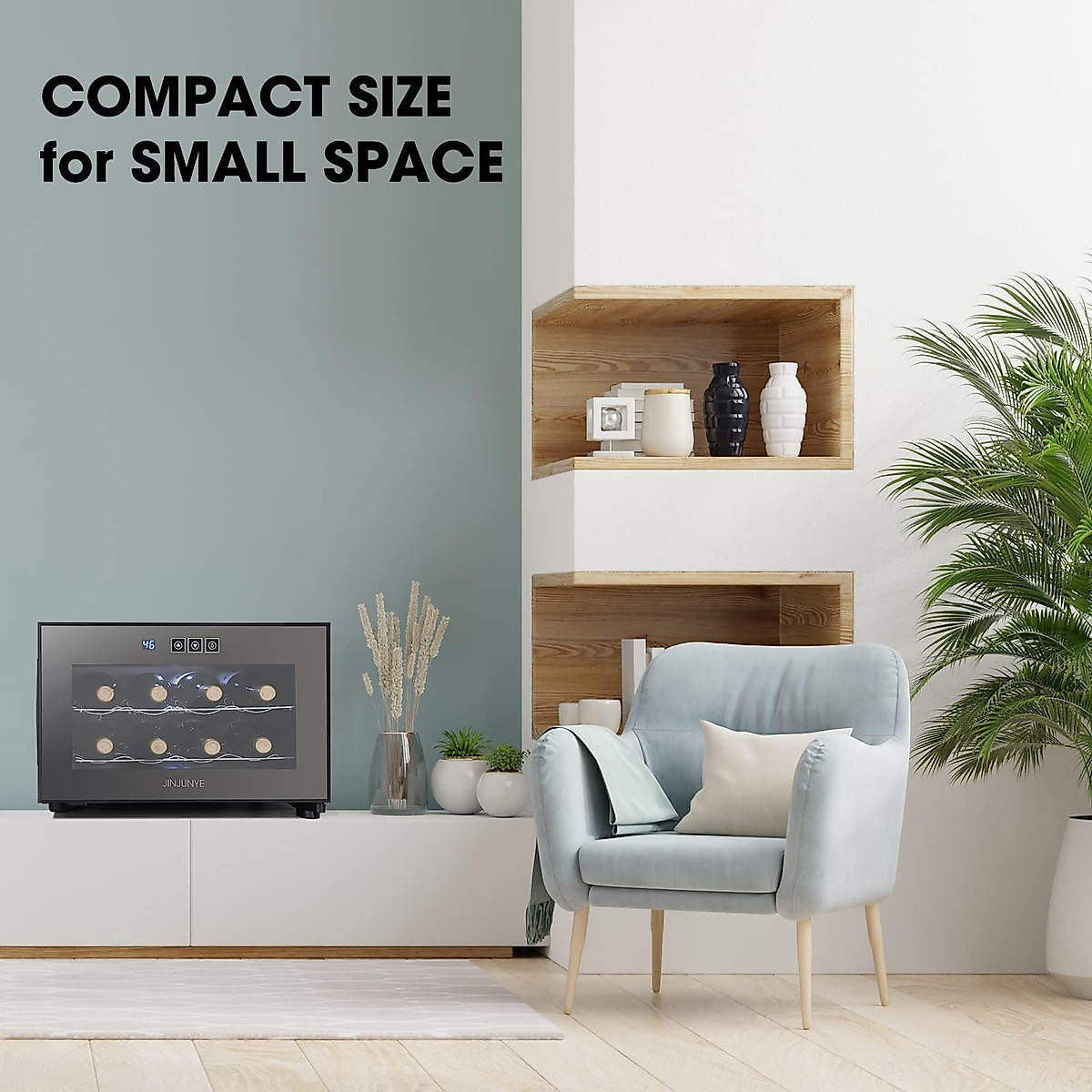 JINJUNYE 8 Bottle Wine Cooler Refrigerator, Wine Fridge Small, Countertop Wine Cooler with Temperature Control, Mini Freestanding Wine Cellar Glass Door for Home, Office, Bar, High-End Gift