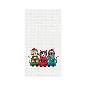 C&F Home Caroling Cats Embroidered Waffle Weave Kitchen Towel Christmas Holiday Machine Washable Cotton Towel Decor Decoration 18" x 27" White