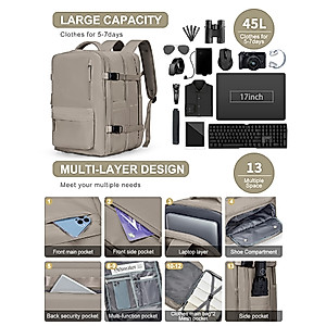 Large Travel Laptop Backpack, Expandable Flight Approved Backpack, Carry on Backpack for Women, Waterproof 17inch Laptop Hiking Backpack with Shoe Compartment, Grey Brown