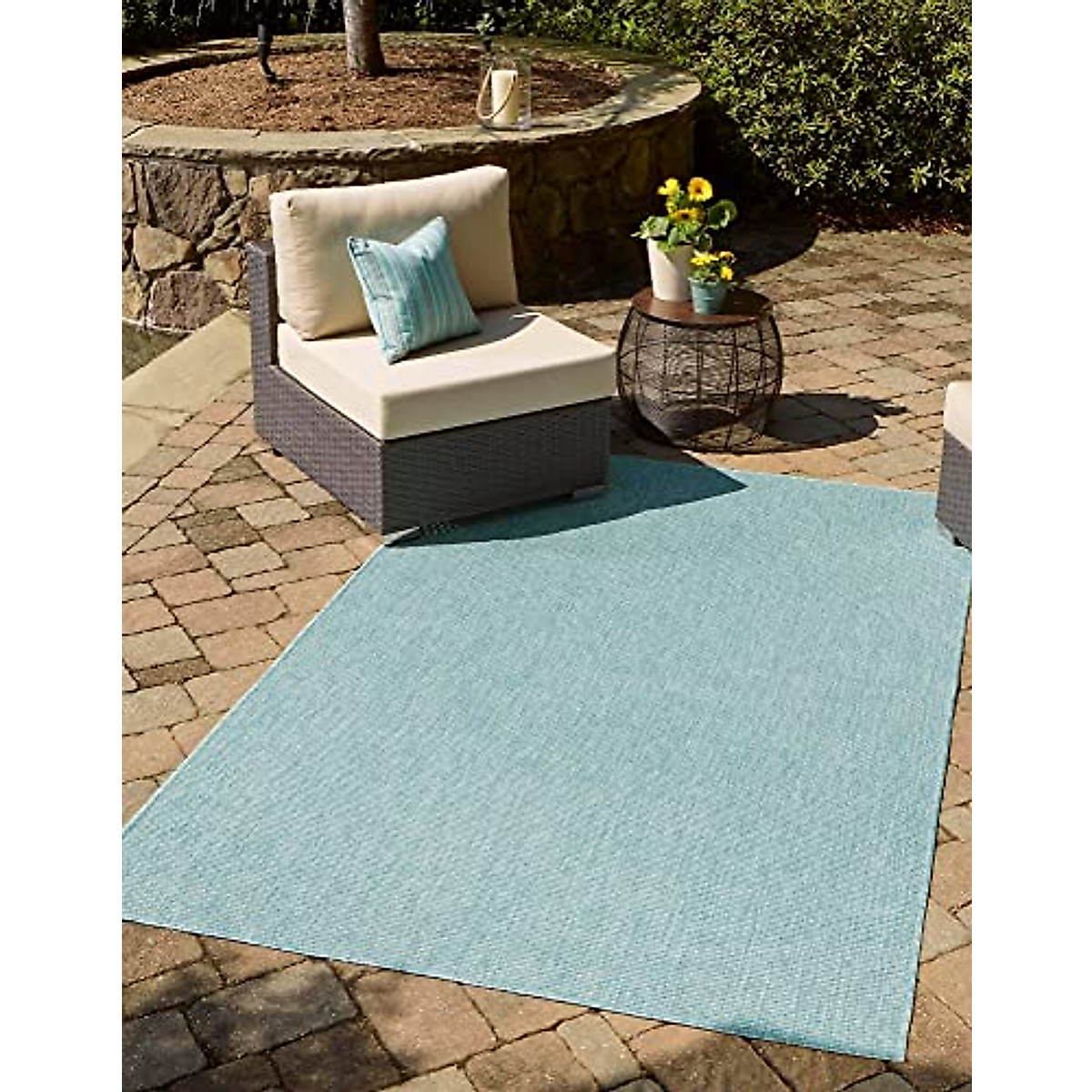 Unique Loom Collection Casual Transitional Solid Heathered Indoor/Outdoor Flatweave Area Rug (5' 3" x 8' Rectangle, Aquamarine/Ivory)