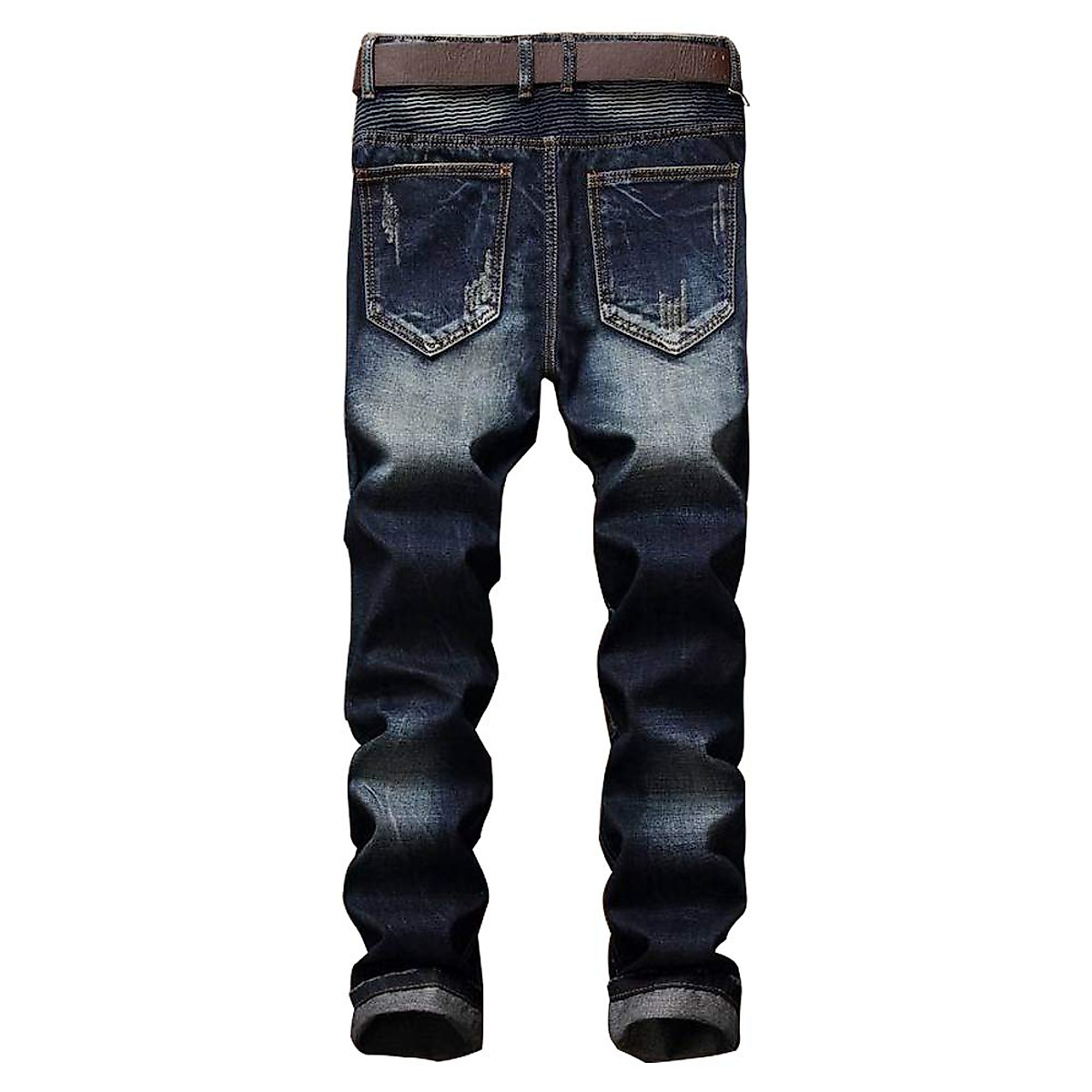 AITITIA Men's Biker Zipper Deco Washed Straight Fit Jeans (30W x 31L, Dark Blue)