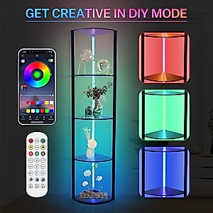 XIIW 5 Tiers Corner Shelf with Light, RGB LED Corner Bookshelf Standing Floor Lamp via App and Remote Control, Modern Corner Display Cabinet with Storage Rack for Living Room Bedroom Home