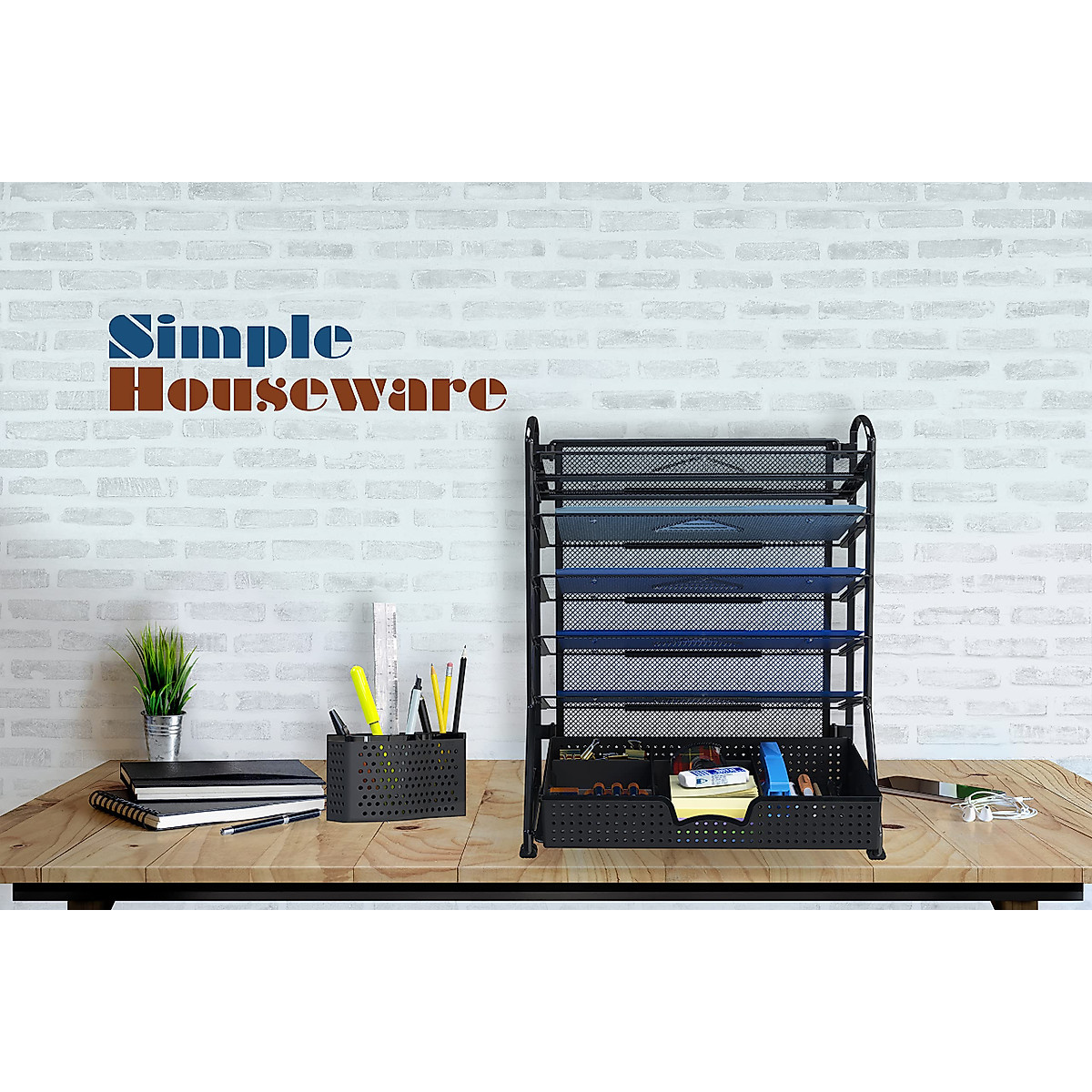 SimpleHouseware 6 Trays Desk Document File Tray Organizer with Supplies Sliding Drawer, Black