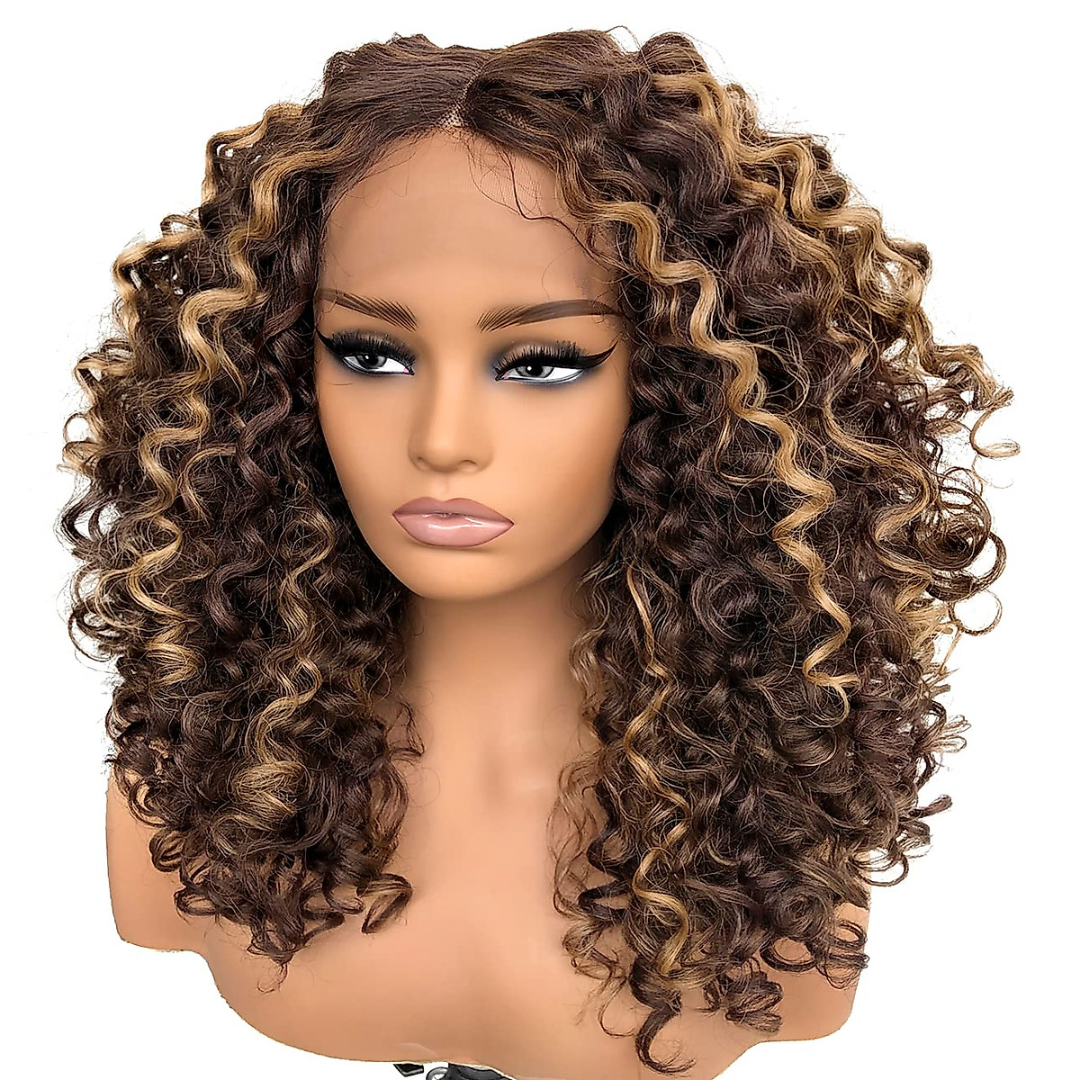 MITIMTES 16inch P4/27 Omber Honey Blonde Highlight HD Glueless Curly Lace Front Wig Pre Plucked with Babyhair Human Hair Blend Synthetic Short Curly Frontal Wig for Black Women