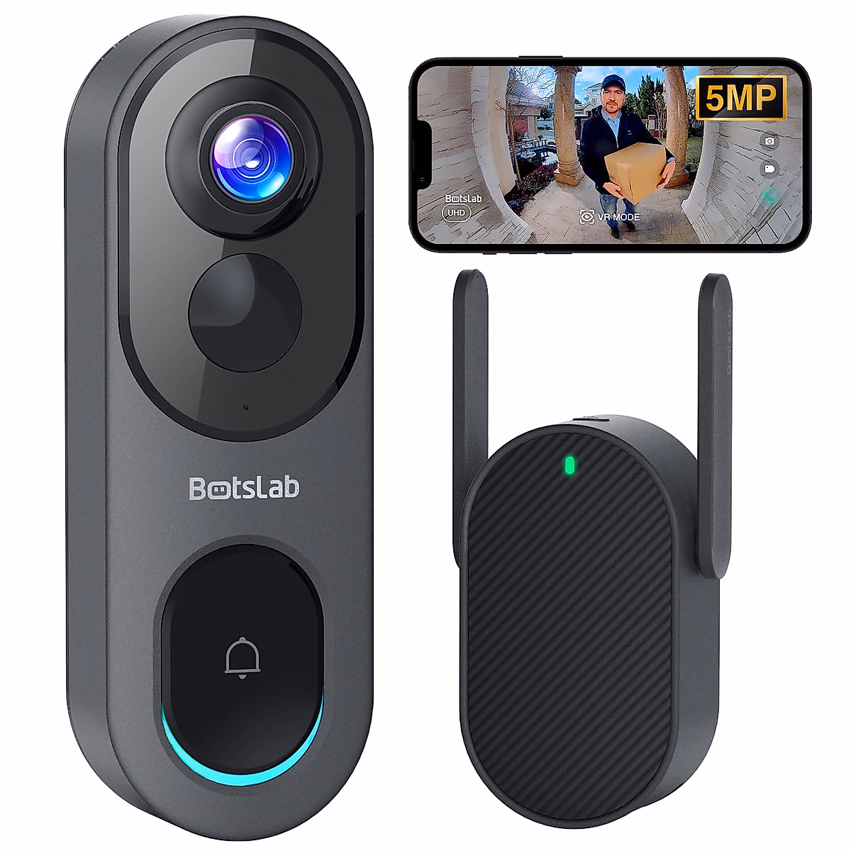 BOTSLAB Video Doorbell Camera,No Monthly Fee,5MP Wireless Doorbell Camera,Head-to-Toe&180° View,Battery Powered,AI&PIR Detection,VR Mode,HDR,2-Way Talk,2.4&5GHz WiFi,Easy to Install