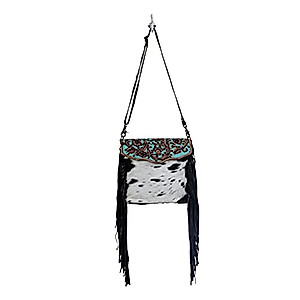 Myra Bag Aqua Hand-Tooled Bag Upcycled Cotton & Cowhide Leather S-2856