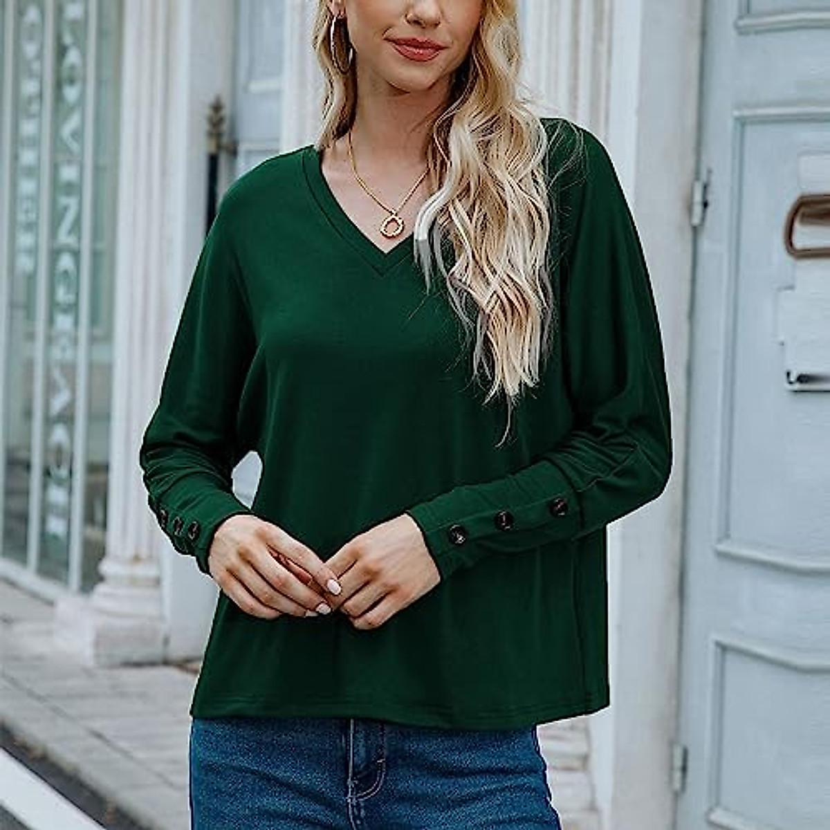 Business Casual V-Neck Tops for Women Long Sleeve Button Down Shirts Solid Color Classic Basic Blouses Trendy 2023