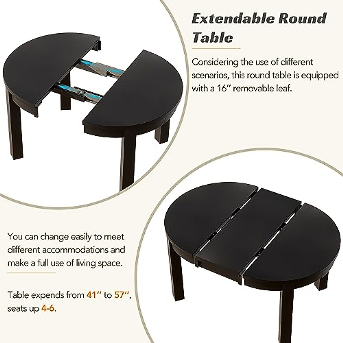 Bellemave 5 Piece Round Dining Table Set for 4 Wood Extendable Kitchen Table Set with Storage Drawers Farmhouse Dining Room Table and Chairs, 16" Removable Leaf, Espresso